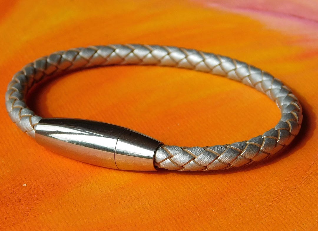 Mens / Ladies 5mm Silver Braided Leather & Stainless Steel Bracelet by ...