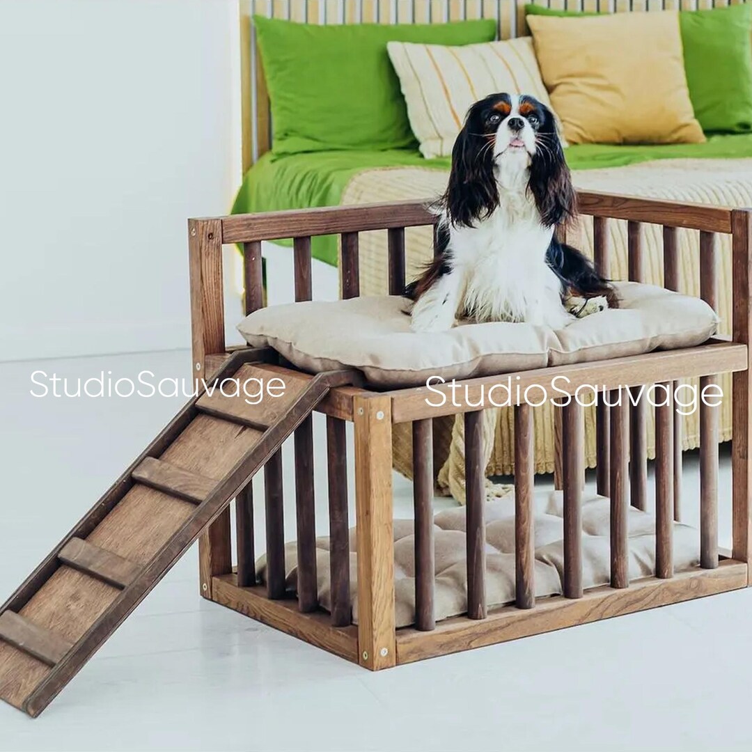 Raised Dog Bed Platform - Wooden Pet Furniture With Soft Pillows, Pet ...