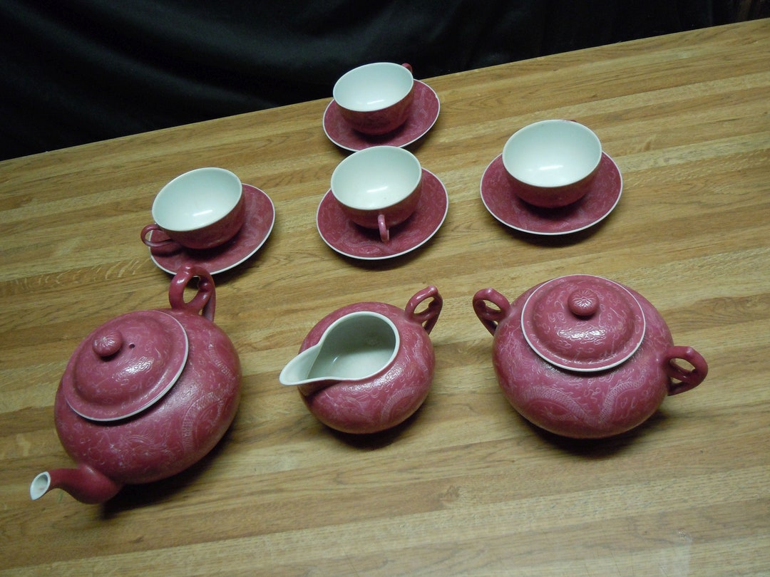 Vintage Chinese Pink Mottled Tea Set Dragon Chasing Pearl Service for 4 ...