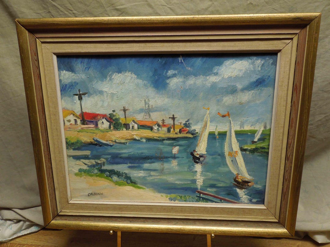 1960s Oil on Panel Painting Abstract Sail Boats at Sausalito Bay Area ...