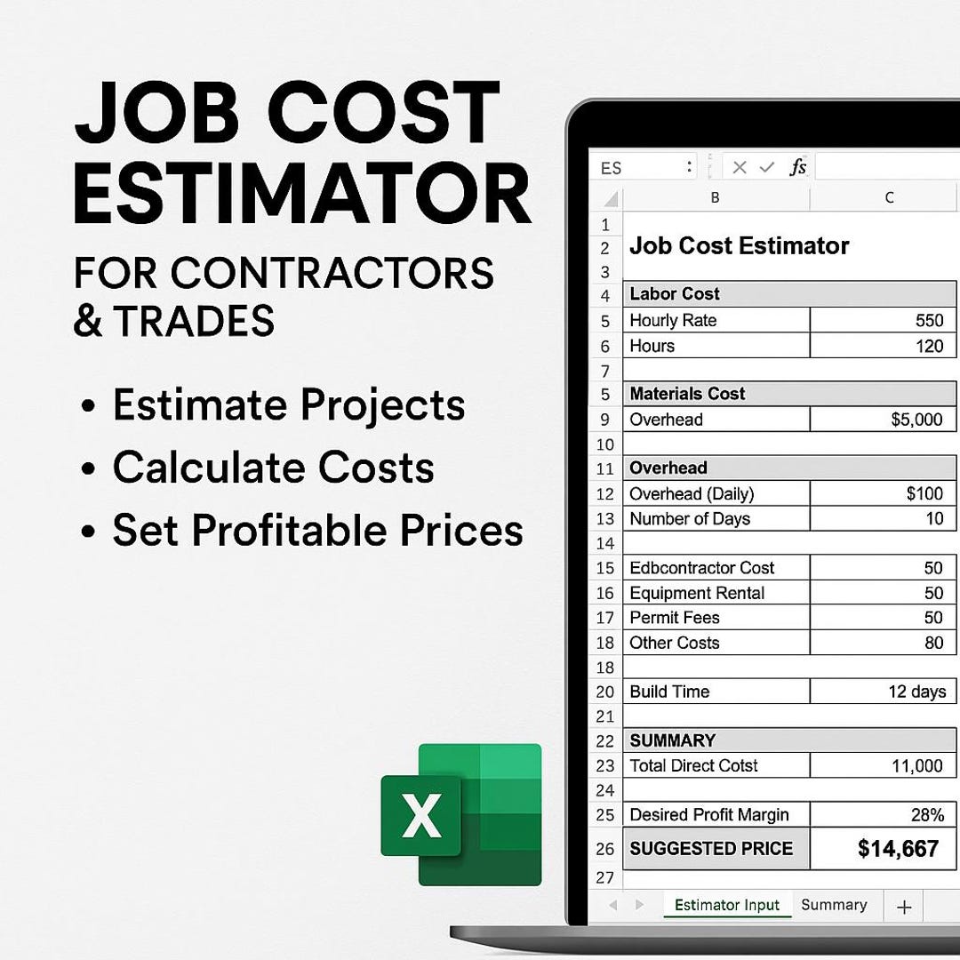 Job Cost Estimator Spreadsheet | Editable Excel Template for Contractors & Trades - Etsy