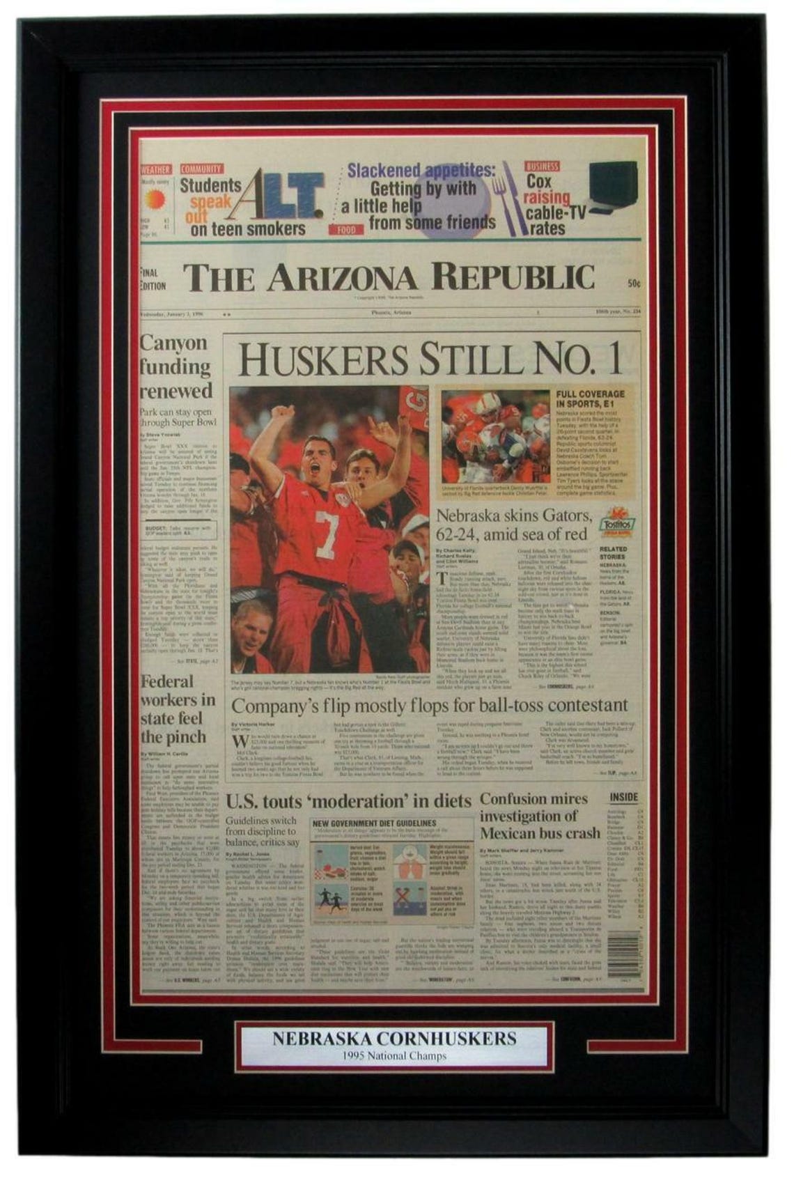 Nebraska 1995 National Champs the Arizona Republic Newspaper Framed ...