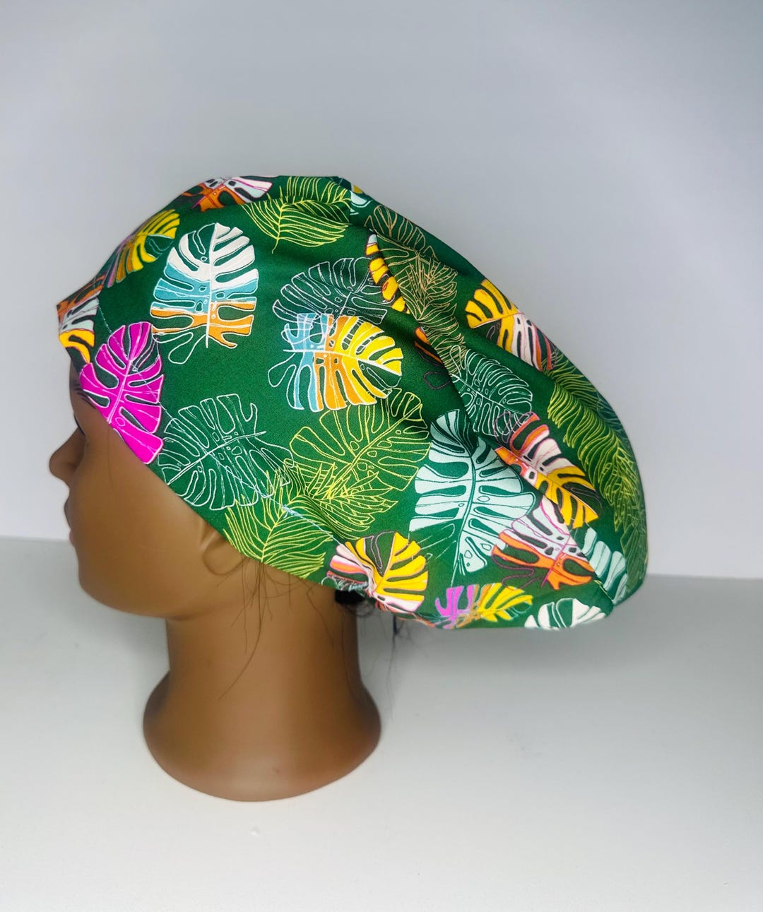 Green Tropical Palm Leaves Scrub Cap/ Euro Style With Optional Ribbon ...