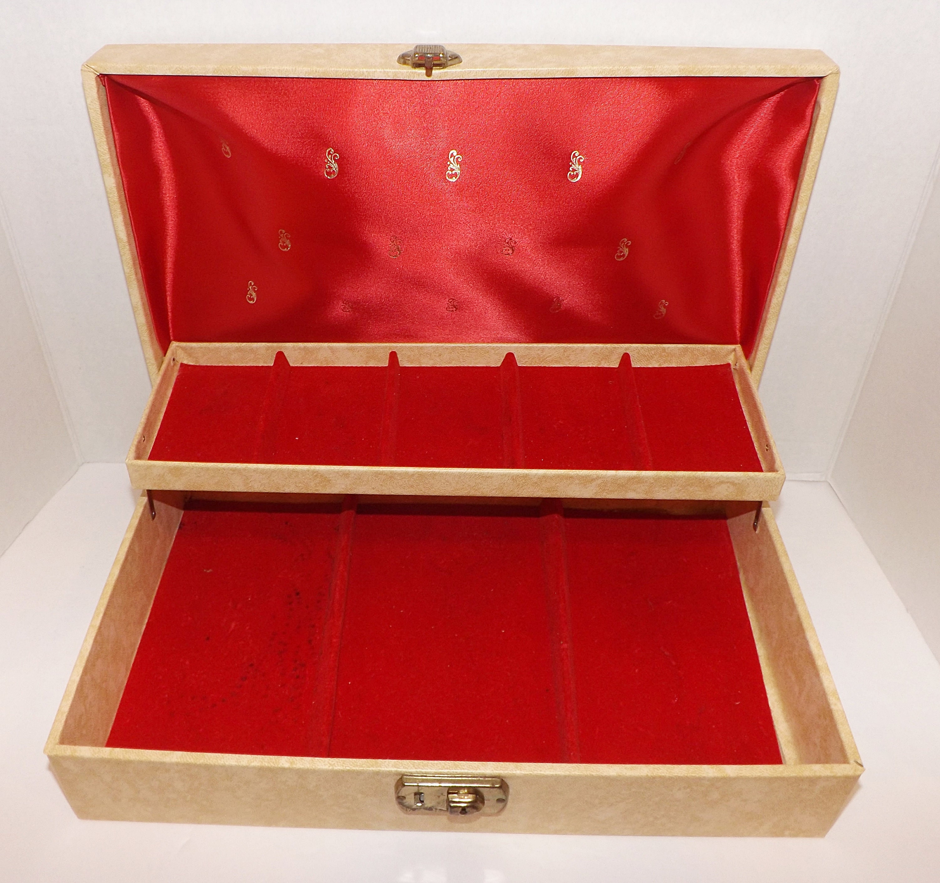 Vintage 60's Cheney Cream and Gold 2 Tier Jewelry Box With Red Velvet ...