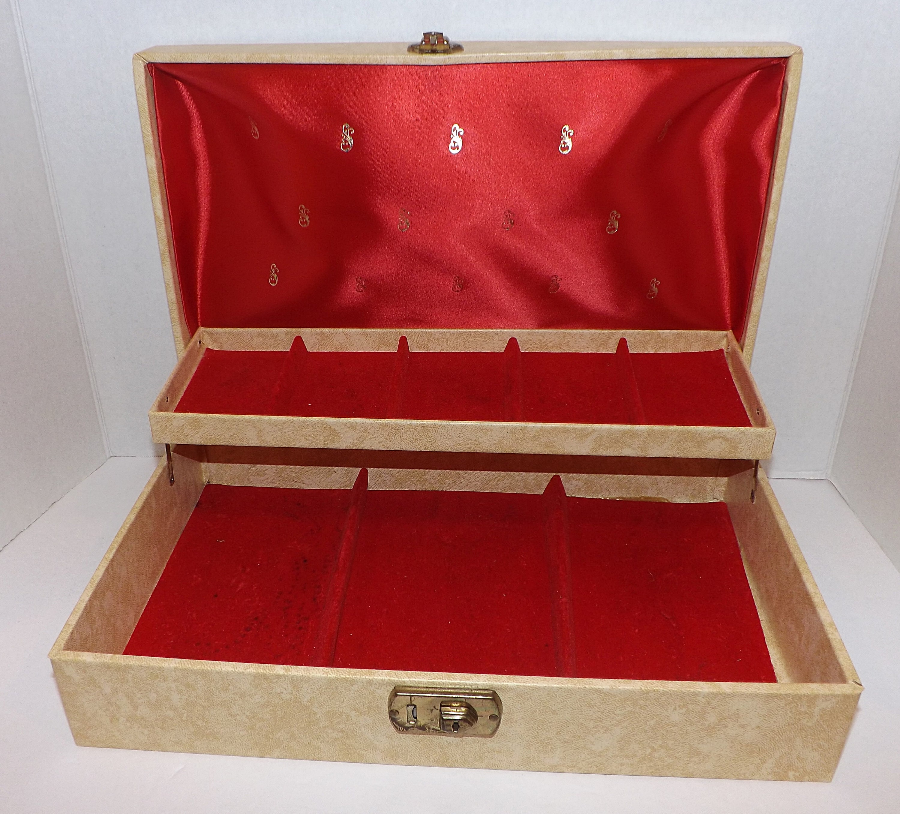 Vintage 60's Cheney Cream and Gold 2 Tier Jewelry Box With Red Velvet ...