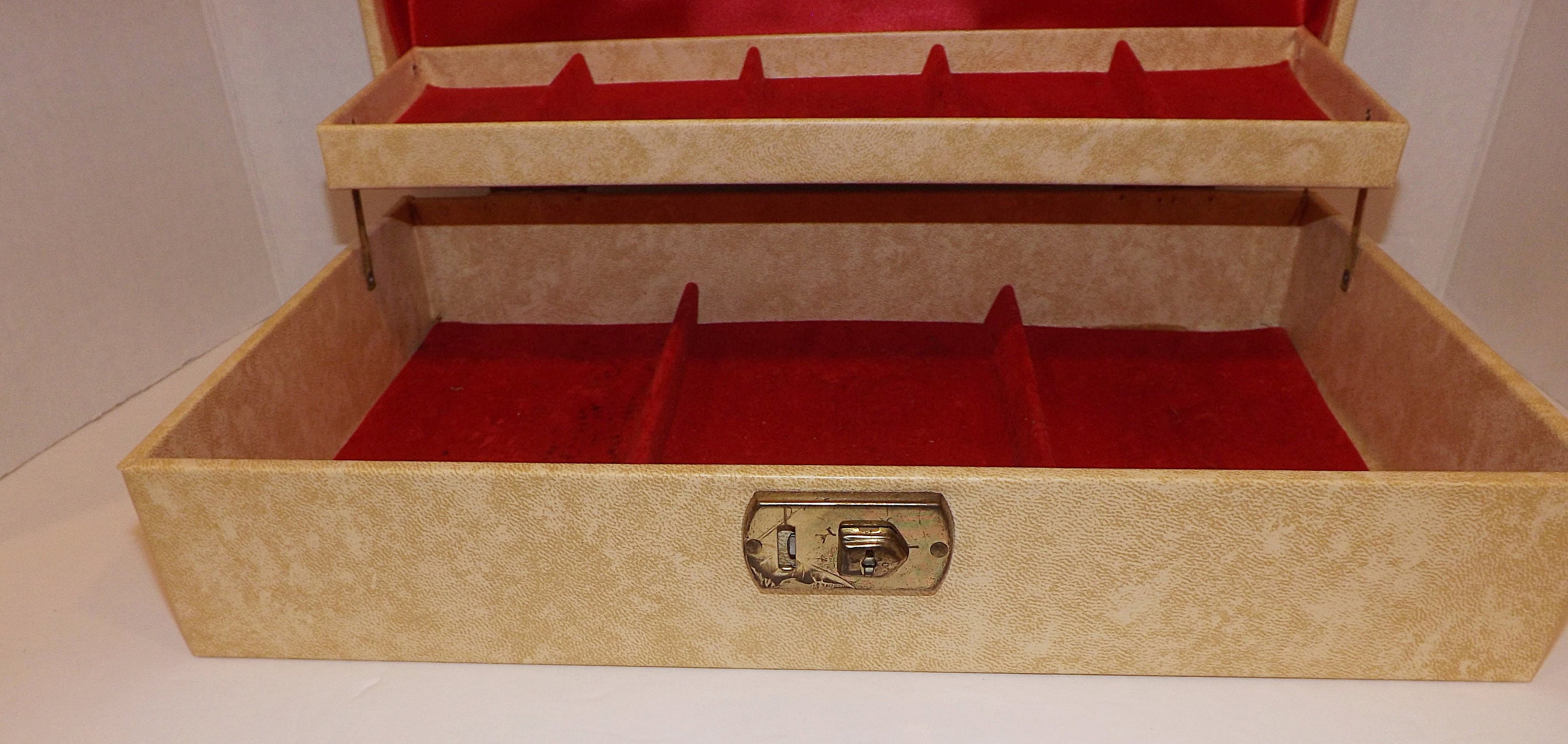 Vintage 60's Cheney Cream and Gold 2 Tier Jewelry Box With Red Velvet ...