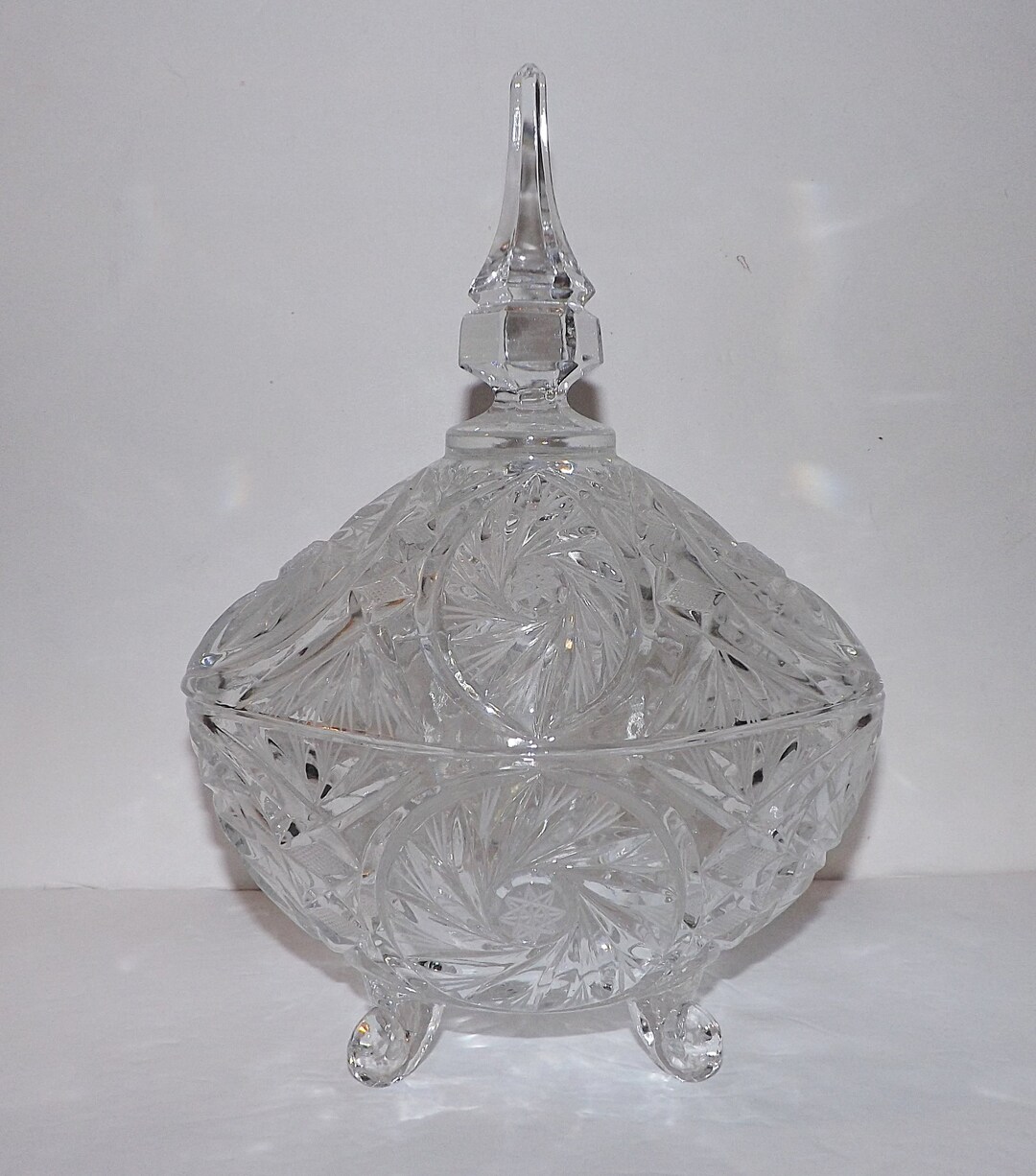 Vintage Etched Pressed Glass Crystal Candy Compote Dish Steeple Handle ...