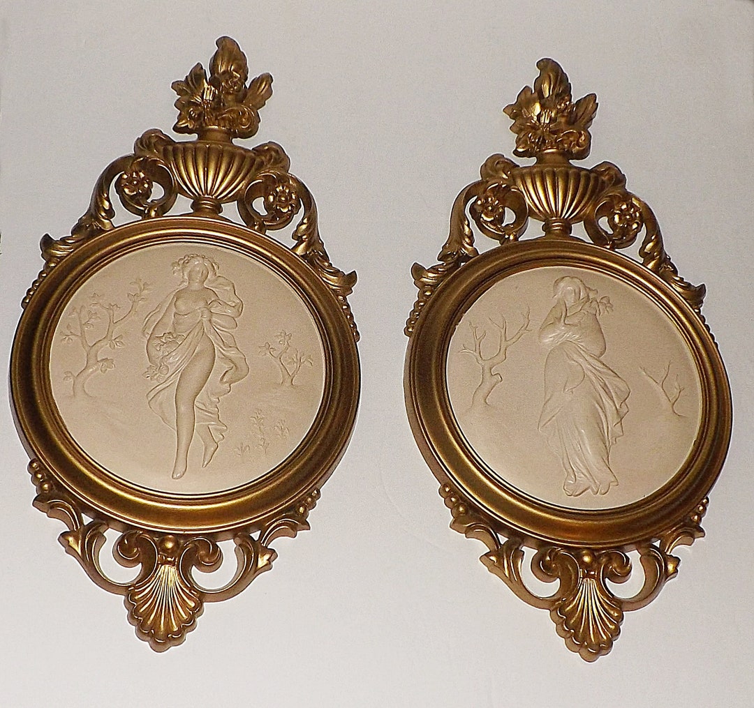 Set 2-syroco Wall Plaques-greek Goddess Maidens-gold Ivory Cameos ...