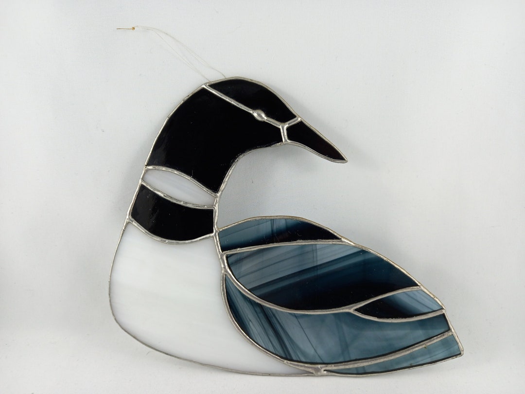 Stain Glass Window Decor Loon, Glass Bird Sun Catcher, White Grey Black ...