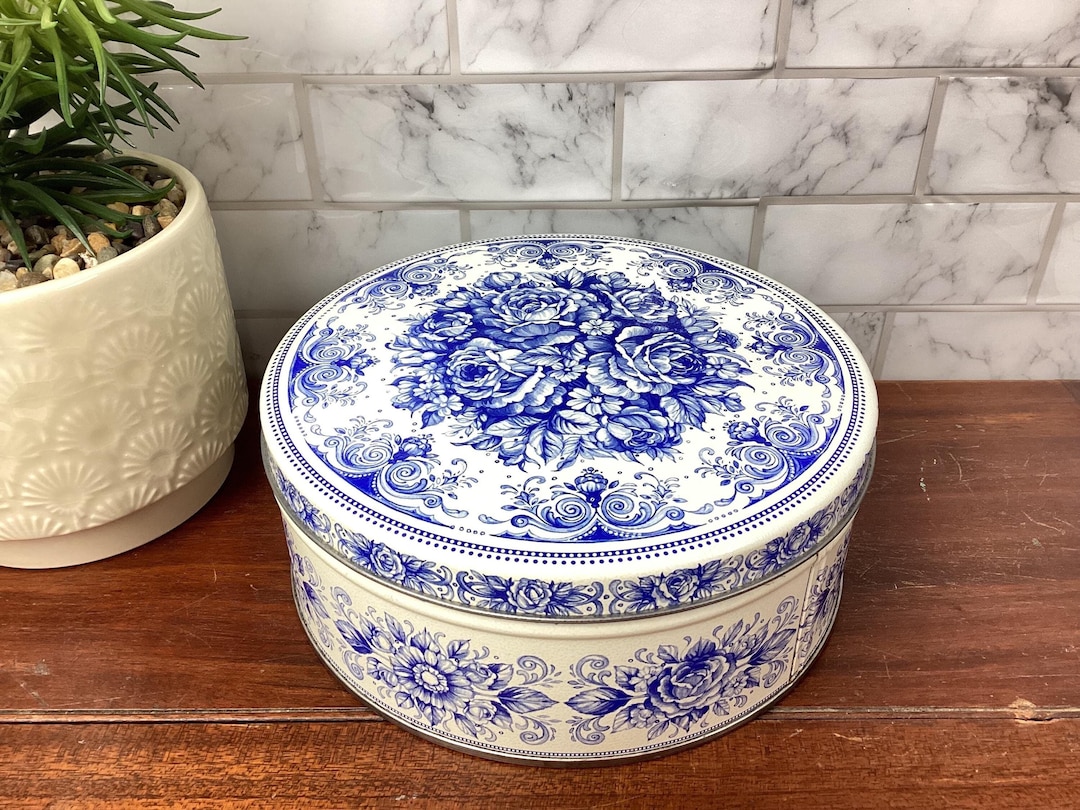 Round Vintage Blue and White Floral Metal Tin - Etsy