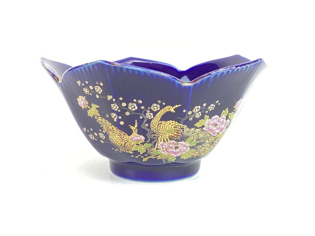 Japan Cobalt Blue Peacock Dish, Small Lotus Shaped Rice Bowl - Etsy