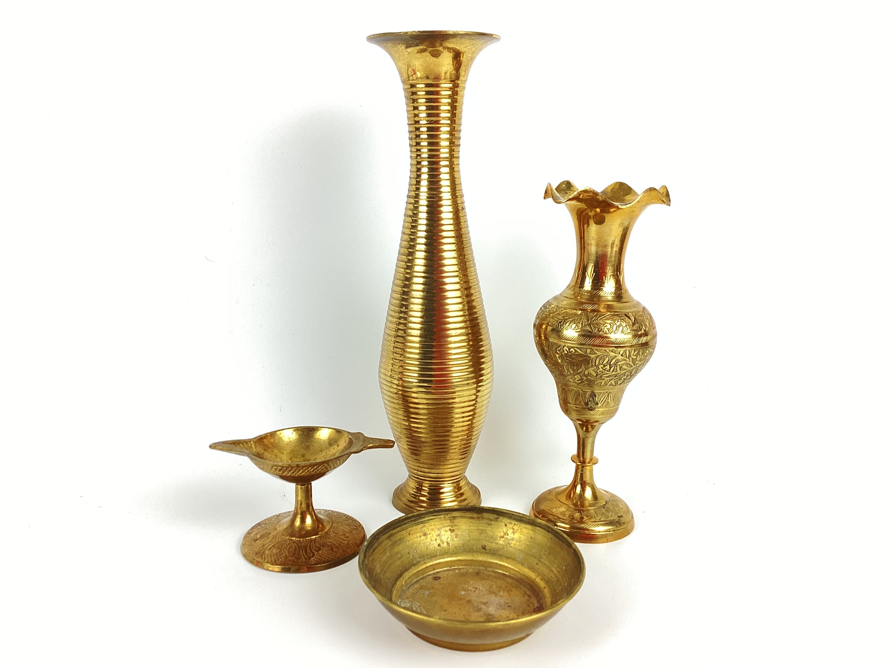 Collection of Vintage Brass Items Ribbed Vase Etched Brass - Etsy