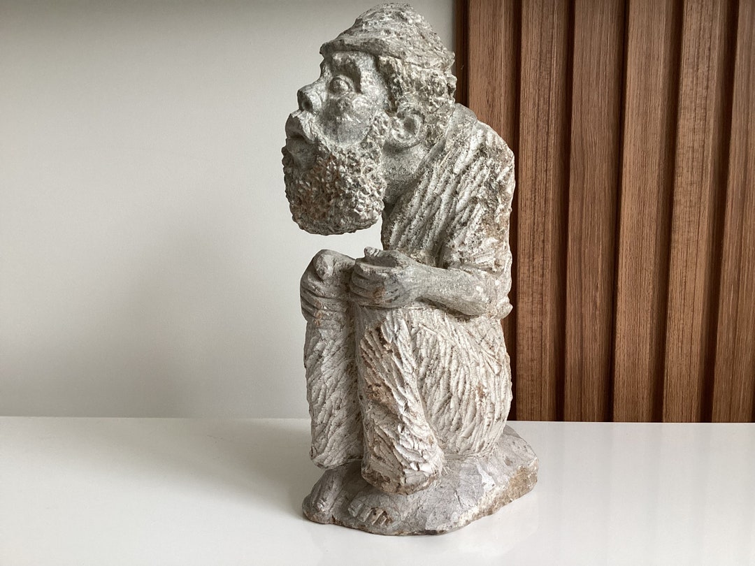 Hand Carved Stone Statue, Sitting Man, Artist Signed - Etsy