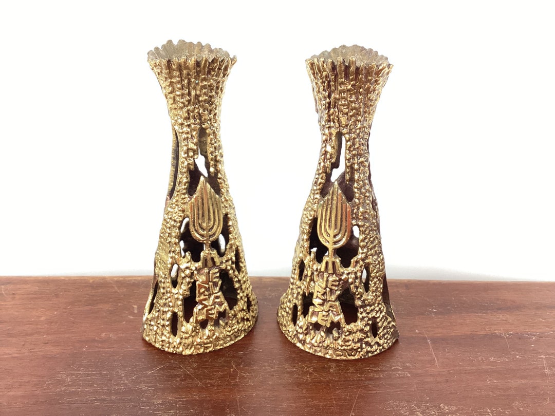 Pair of Vintage Brutalist Wainberg Brass Candlestick Holders, Made in ...