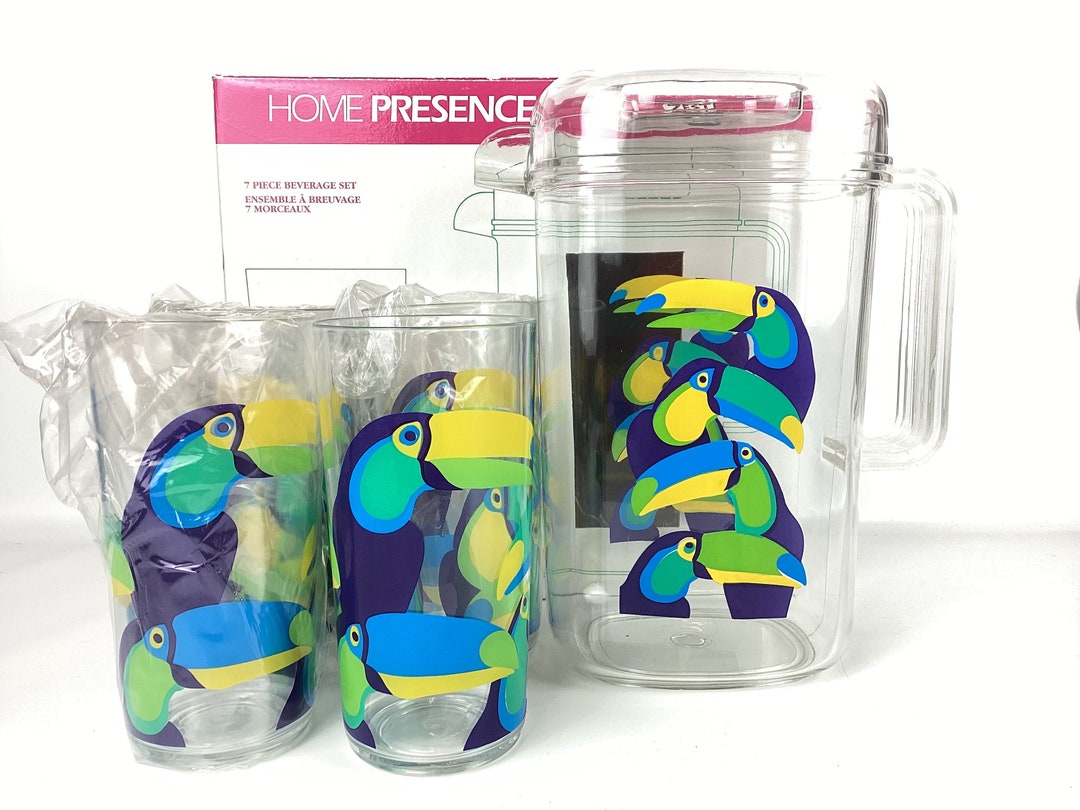 1990s Plastic Beverage Set in Original Box, Toucan Theme Pitcher With 4 ...