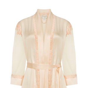 Peach Pink Silk Short Robe, Silk and Lace Dressing Gown, Silk Gown ...