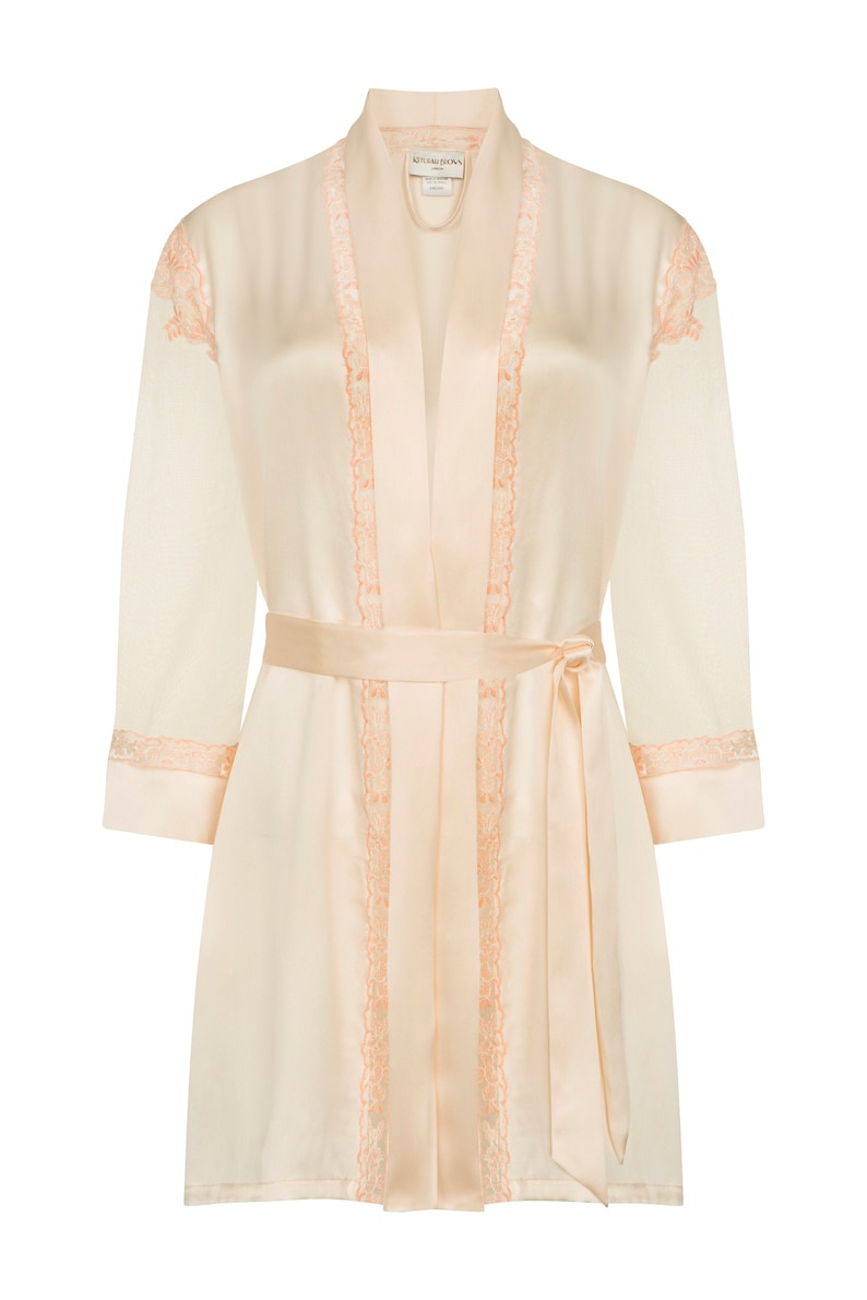 Peach Pink Silk Short Robe, Silk and Lace Dressing Gown, Silk Gown ...