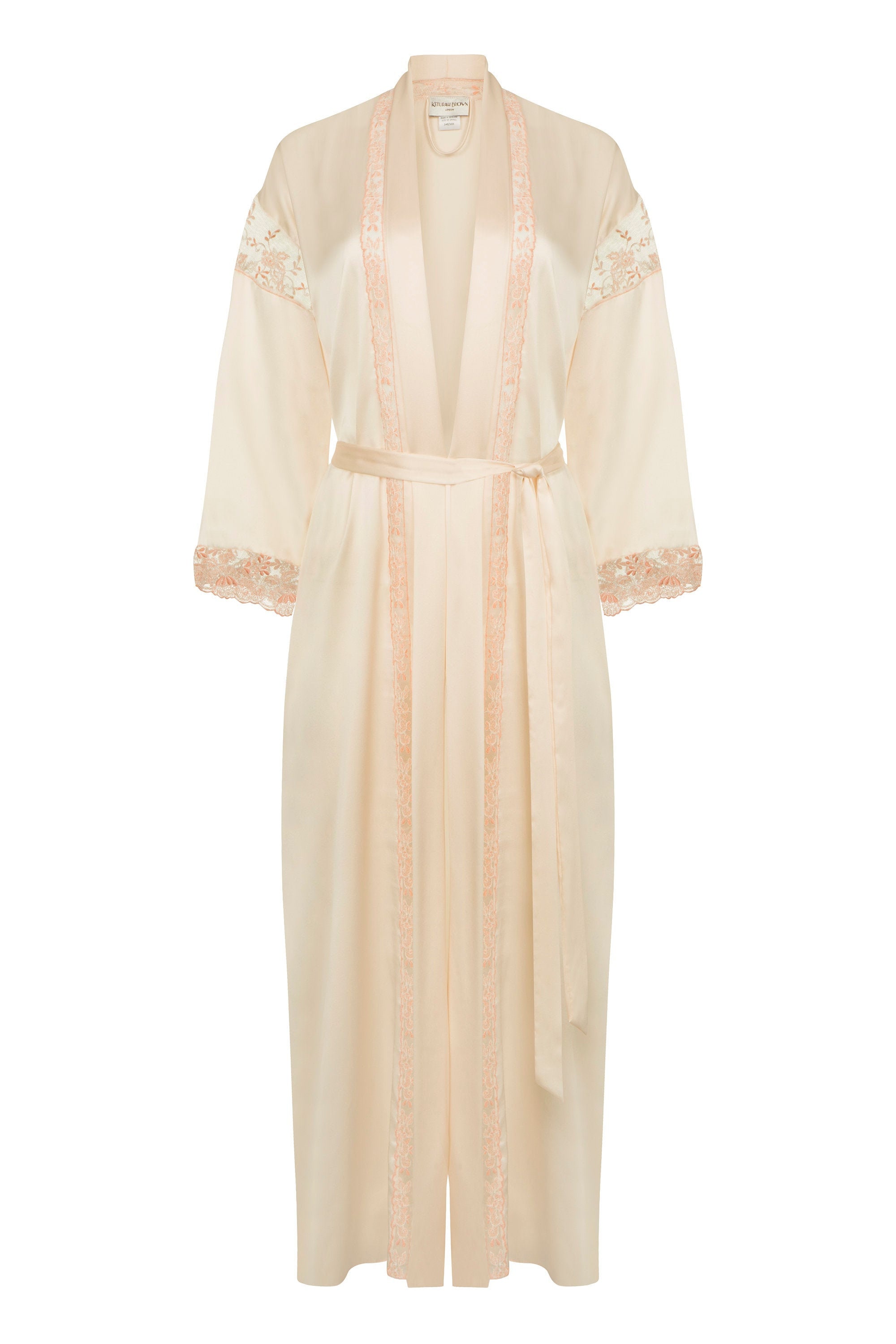 Peach Pink Silk Long Robe, Silk and Lace Dressing Gown, Silk Gown, Silk ...