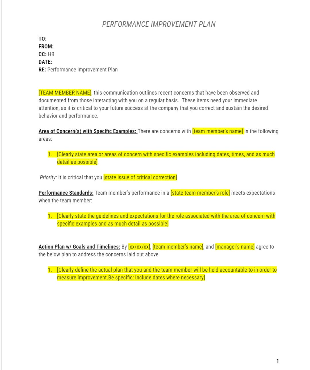 Performance Improvement Plan Template (PIP) - (microsoft Word / Google ...
