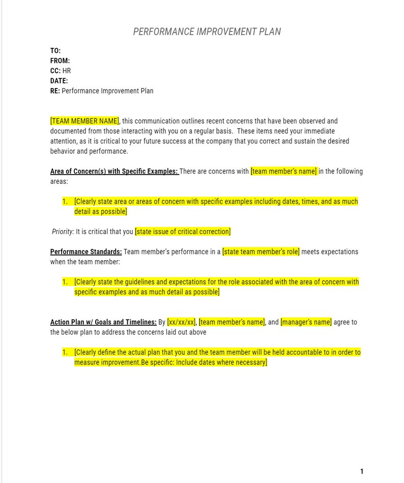 Performance Improvement Plan Template (PIP) - (microsoft Word / Google ...