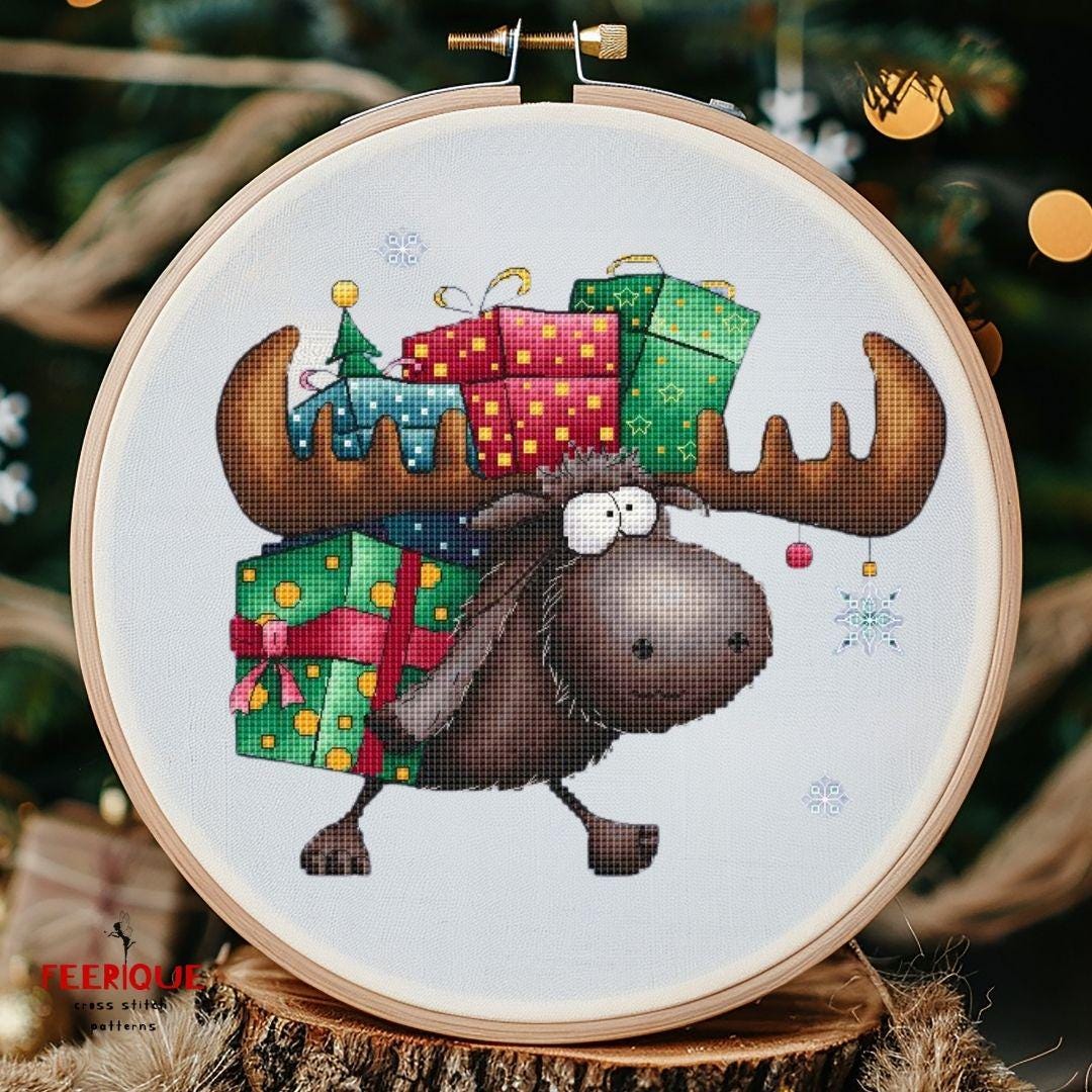 Funny Christmas Moose Cross Stitch Pattern - Embroidery Scheme With ...