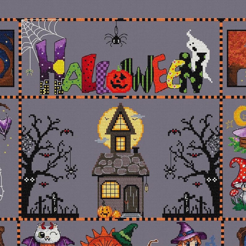 Spooky Halloween Cross Stitch Sampler Pattern, Digital PDF, Saga, Creepy Modern Embroidery ...
