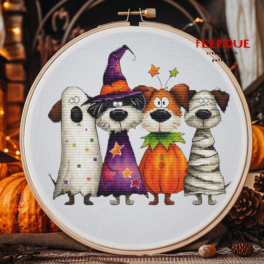 Halloween Dogs Cross Stitch Pattern – Funny Puppy Costumes Embroidery ...