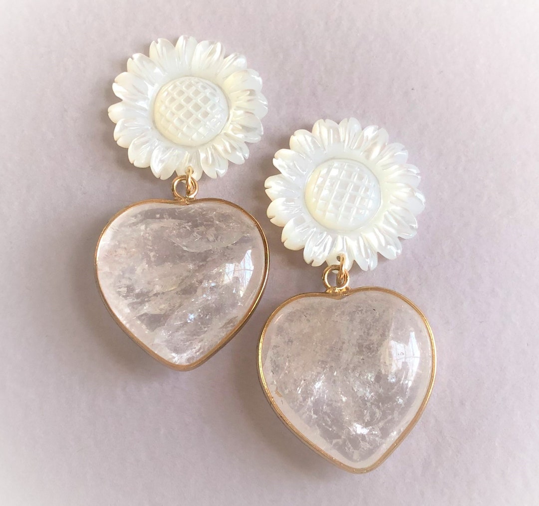Shell Flower Heart Earrings, Mother of Pearl Sunflower, Rock Crystal ...