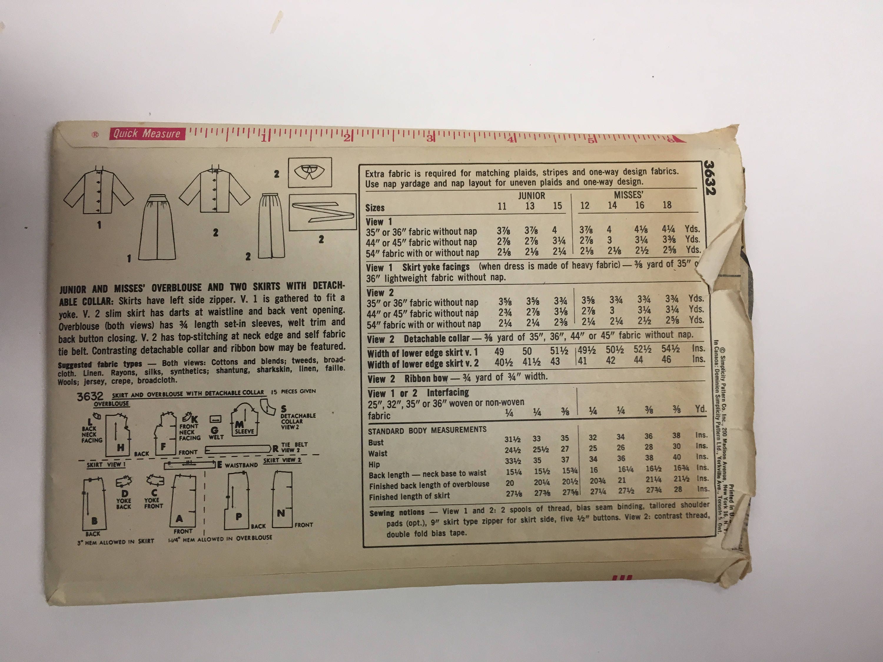 Simplicity 3632 1960s Blouse and Skirt Vintage Sewing Pattern | Etsy