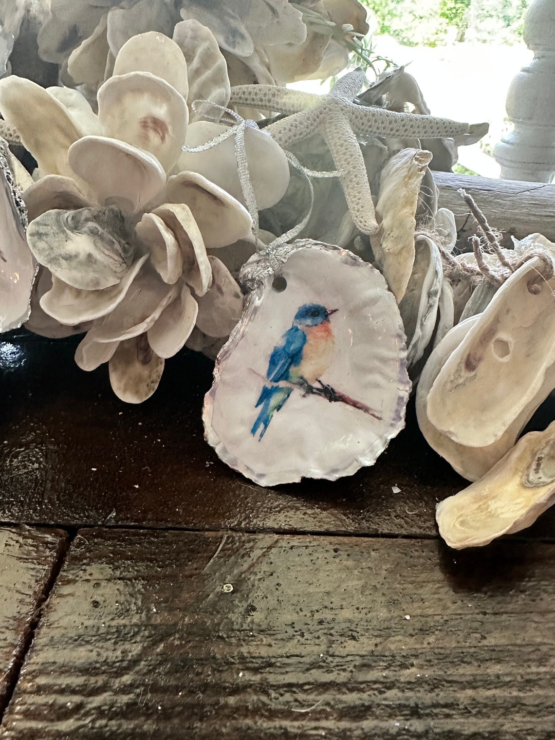 Bluebird, Chinoiserie Decorated Oyster Shell Ornament, Trinket Tray ...