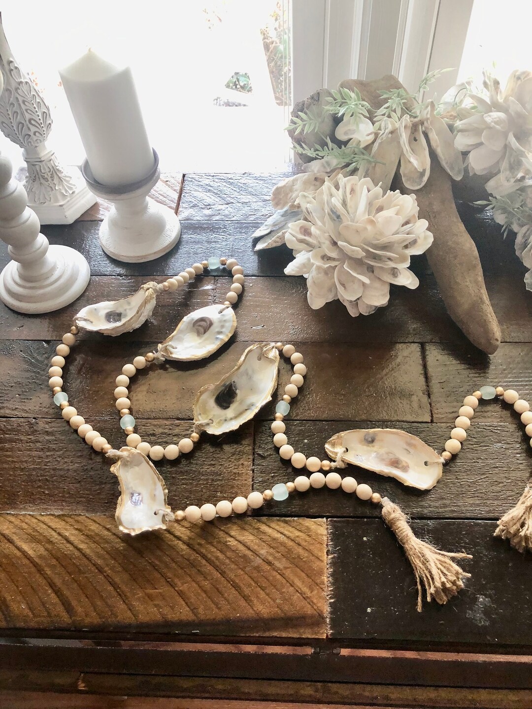 Oyster Shell Garland, Wood Beads, Tassel, Gilded Shell Garland, Coastal ...