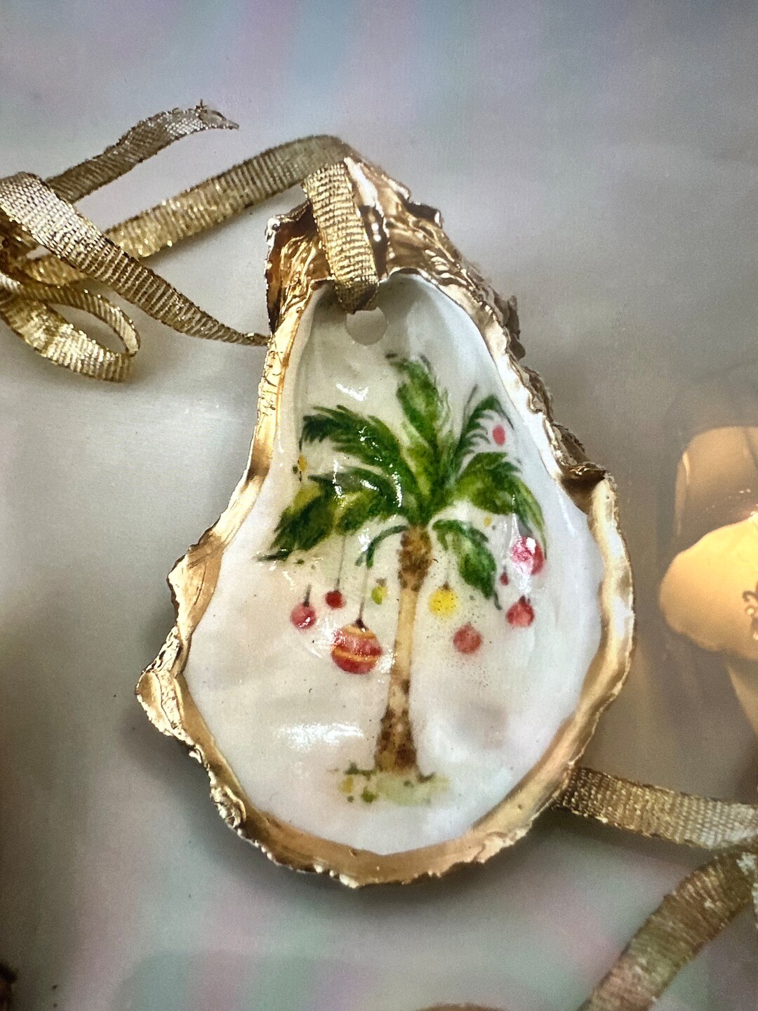 Christmas Palm Tree, Chinoiserie Decorated Oyster Shell Ornament ...