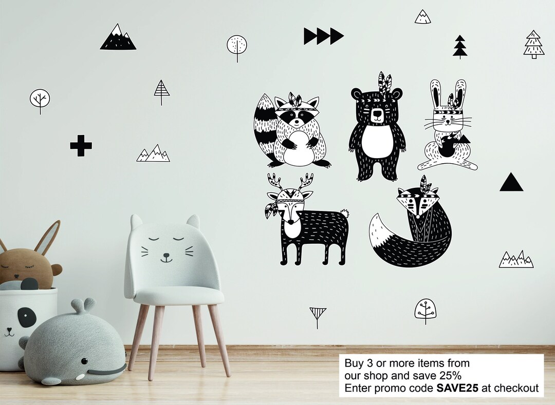 Scandinavian Nordic Nursey Black and White Wall Stickers Forest Animals ...