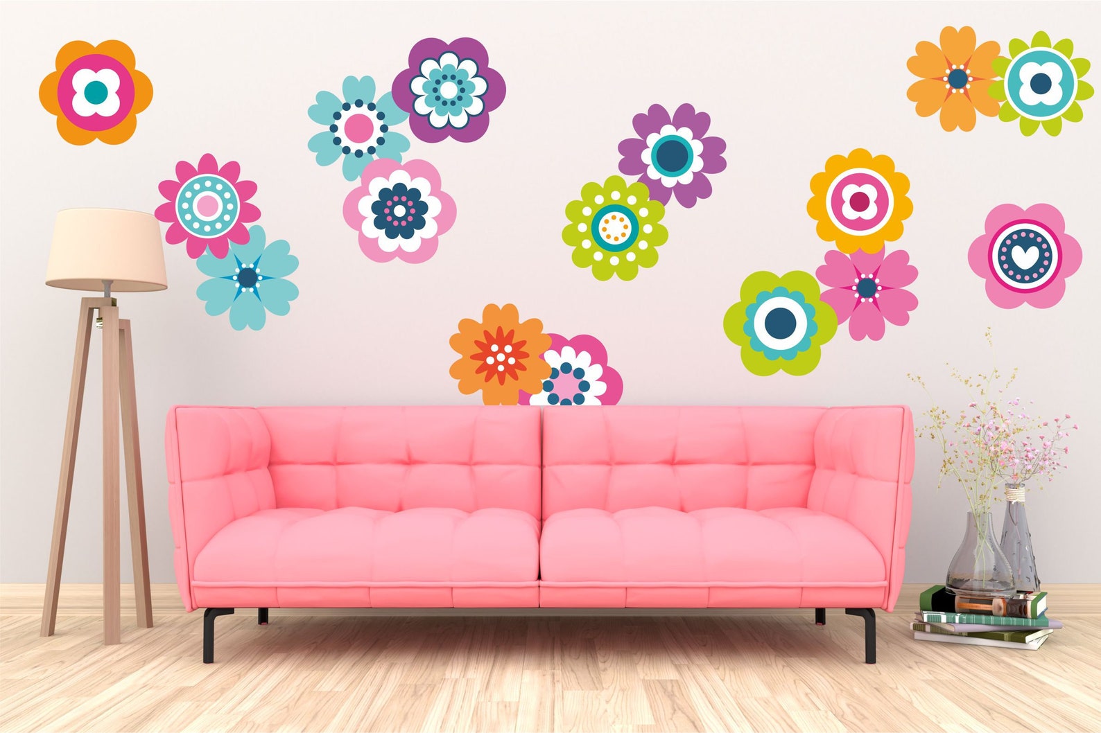 RETRO FLOWERS HIPPY Wall Art Sticker Kit Decal Mural 60s 70s Vintage ...