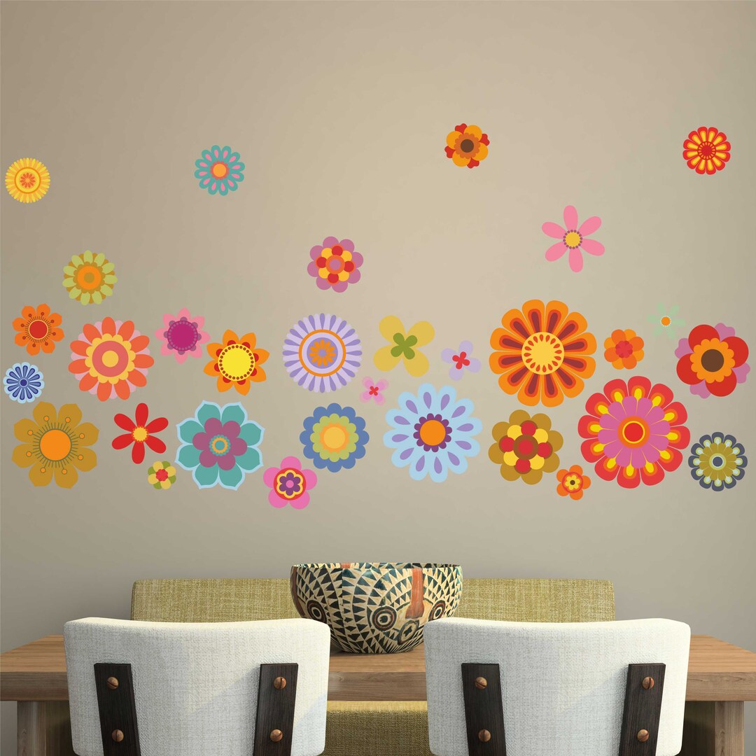 RETRO FLOWERS Wall Art Sticker Kit Decal Mural 60s 70s Vintage Floral ...