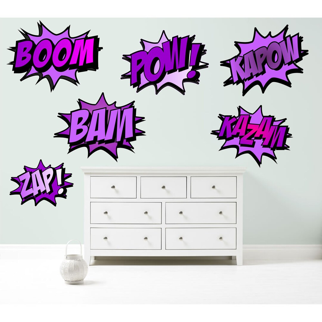 SUPERHERO COMIC WORDS Retro Kapow Boom Zap Bam Purple Wall Art Sticker ...