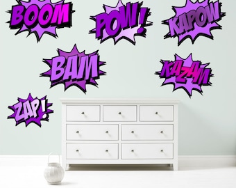 SUPERHERO COMIC WORDS Retro Kapow Boom Zap Bam Colour Wall Art Sticker ...