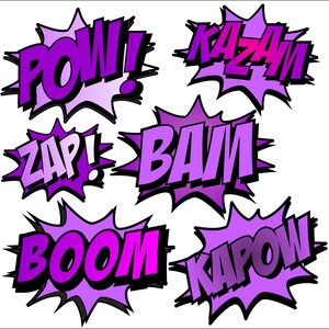 SUPERHERO COMIC WORDS Retro Kapow Boom Zap Bam Purple Wall Art Sticker ...