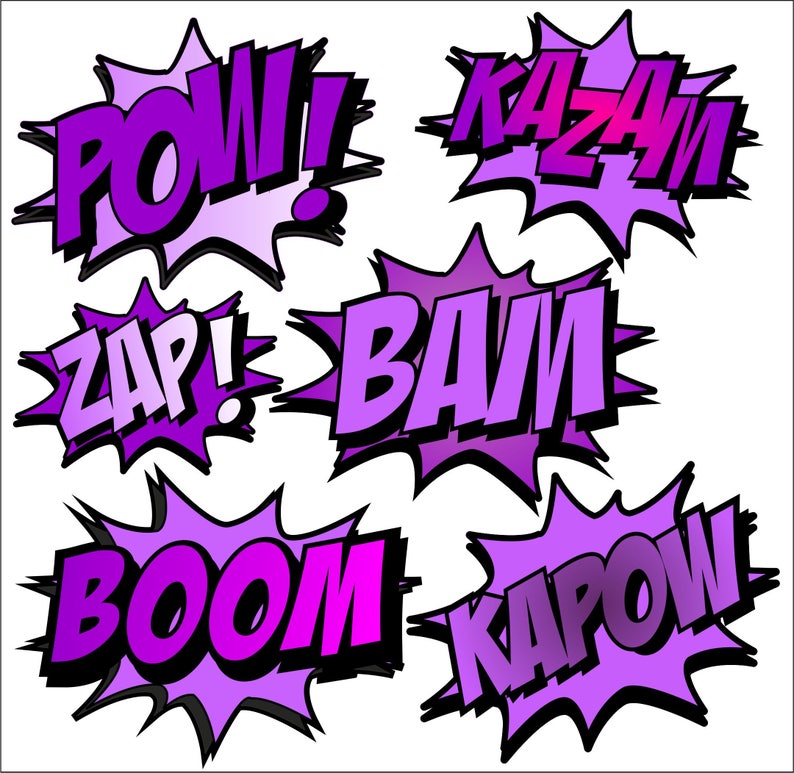 SUPERHERO COMIC WORDS Retro Kapow Boom Zap Bam Purple Wall Art | Etsy