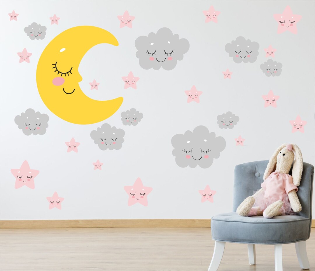 MOON, STARS, CLOUDS Sleep Wall Stickers Pack Decal Art Pastel Grey Pink ...
