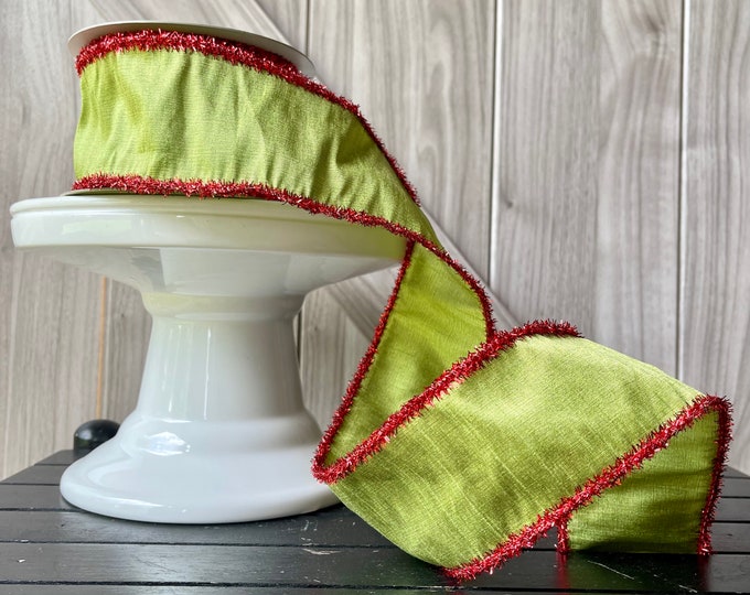 10 Yards, 2.5 Inch Wire Ribbon, Lime Green Ribbon, Red Tinsel Ribbon ...