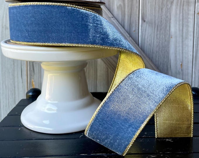 D Stevens, 10 Yards, 2.5 Inch Wire Ribbon, Blue Velvet Ribbon, Dusty ...