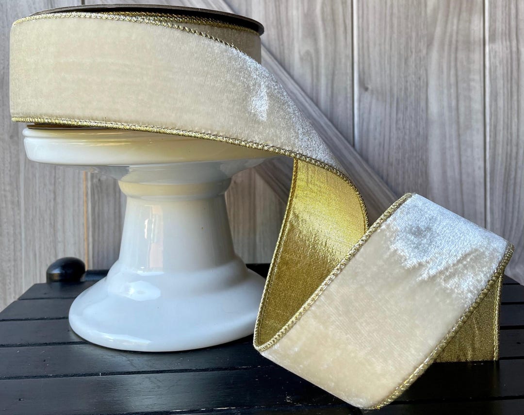 D Stevens, 10 Yards, 2.5 Inch Wired Ribbon, Cream Velvet Ribbon, Gold ...