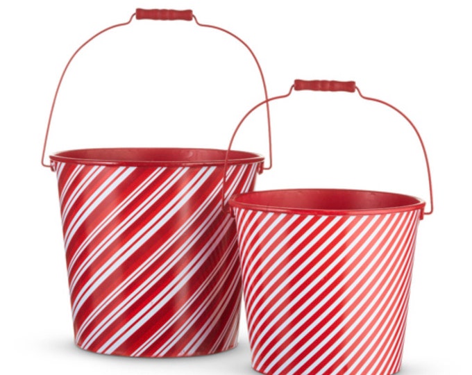 SET of 2, Stripe Handle Bucket, Christmas Bucket, RAZ Imports, Red ...