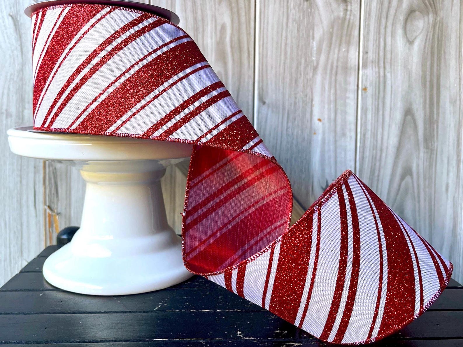 Red Glitter Stripe Metallic Red Back Designer Wired Ribbon, 4 Inch, 10 ...