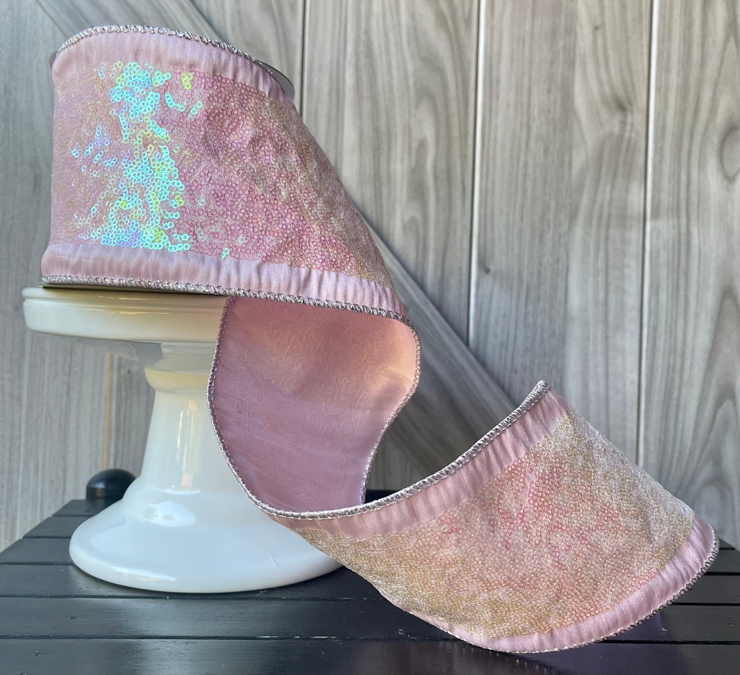 5 Yards, 4 Inch Wired Ribbon, Pink Sequins Ribbon, Pink Ribbon, Pink ...
