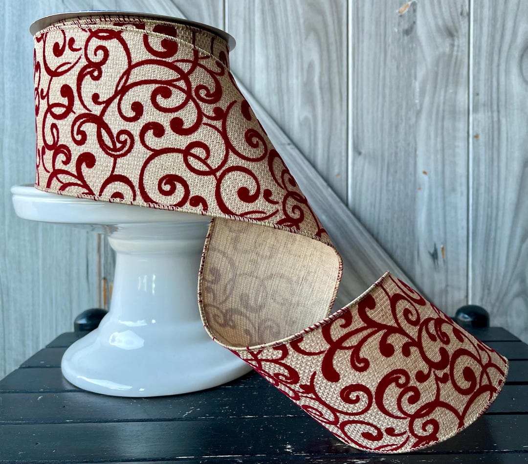 10 Yards, 4 Inch Wired Ribbon, Red Scroll Ribbon, Natural Ribbon ...