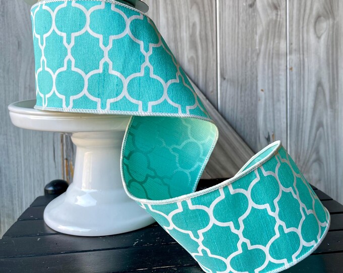 10 Yards, 4 Inch Wire Ribbon, Aqua Geo Ribbon, Aqua Ribbon, White ...