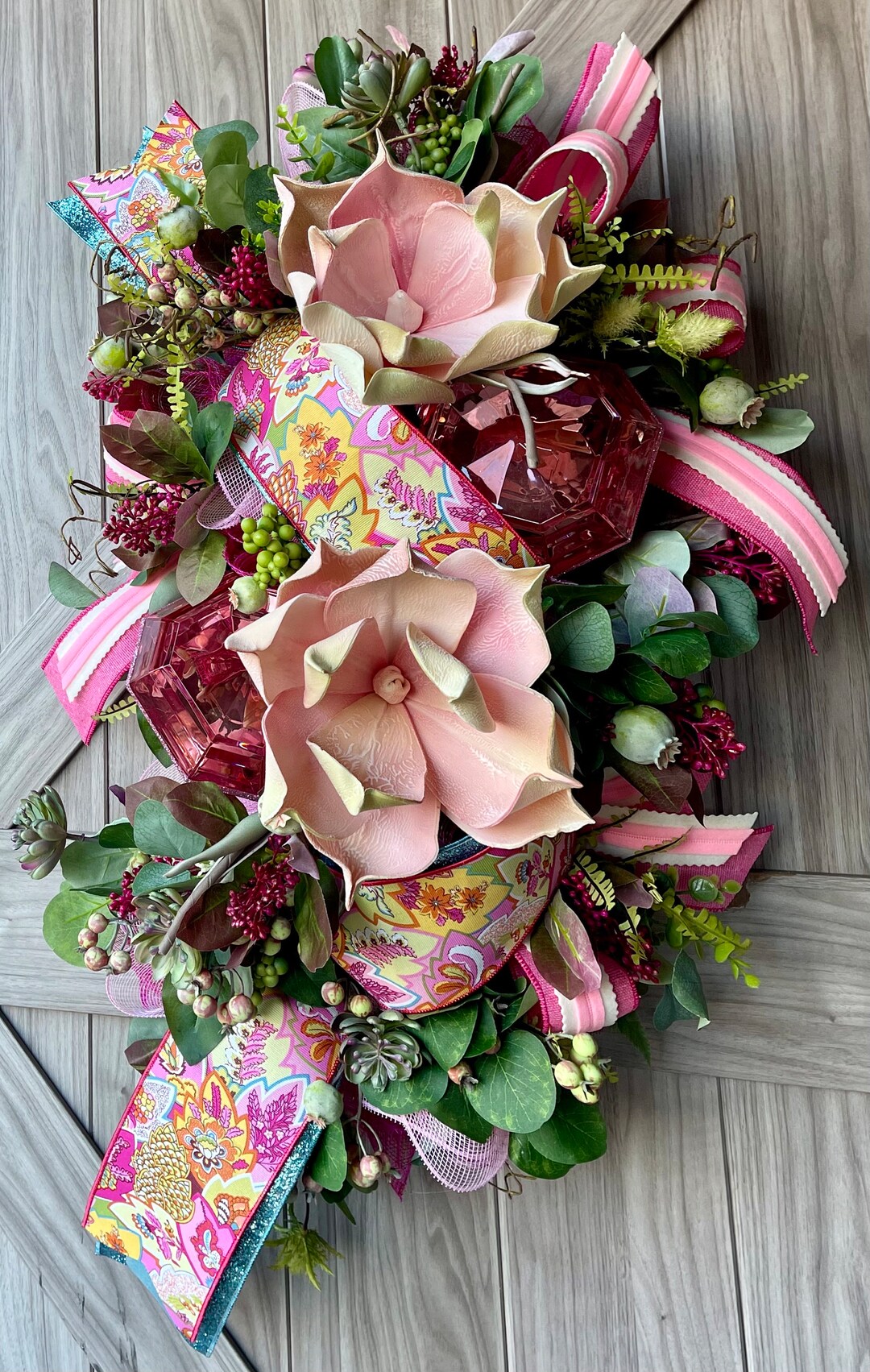 Magnolia Door Swag, Magnolia Wreath, Spring Door Wreath, Pink Magnolia ...