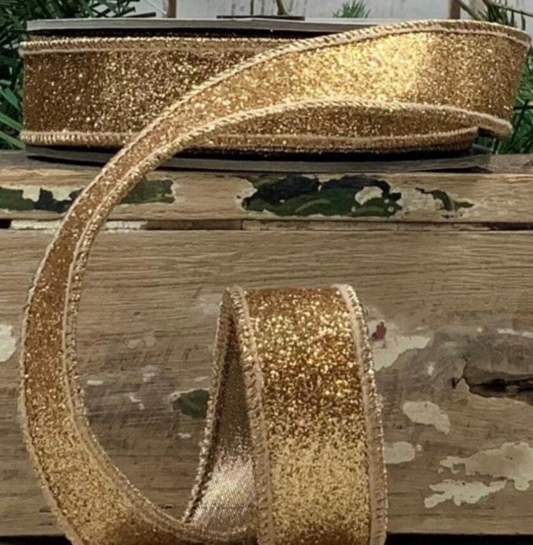 D Stevens, 10 Yards, 1 Inch Wired Ribbon, Gold Glitter Ribbon, Gold ...